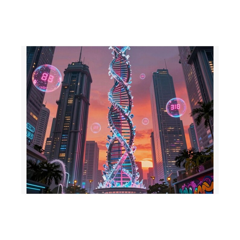 Futuristic City Skyline | DNA Sculpture Wall Art | Cyberpunk Poster ...