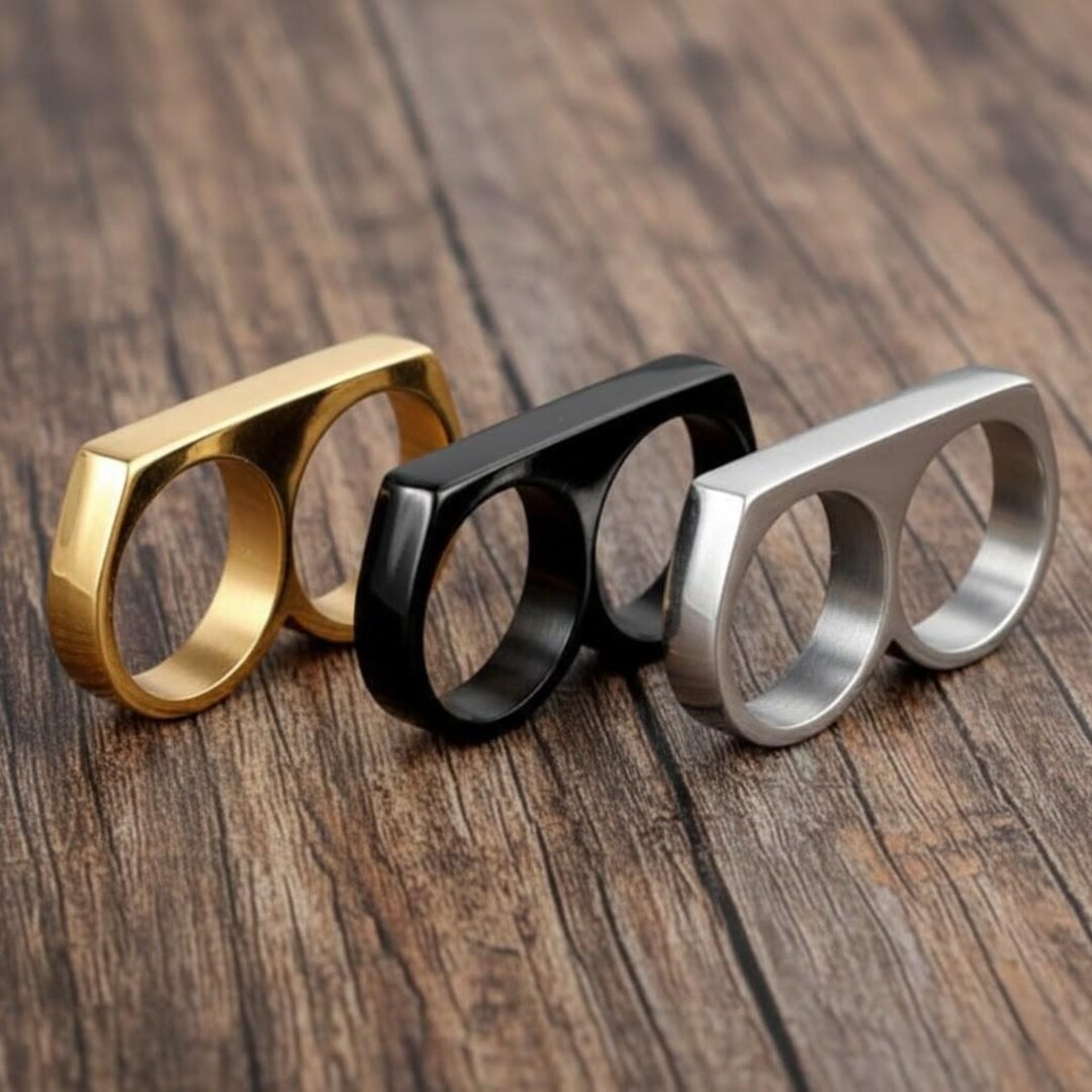 Bold Double Finger Ring, Stainless Steel Bar Design, Gold Black Silver ...