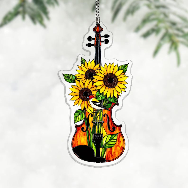 Van Gogh Style Violin Acrylic Suncatcher, Sunflower Bird Window Hanging ...