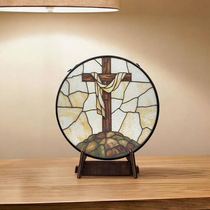 Rugged Wooden Cross Stained Glass Suncatcher Wall Art Earthy Faith ...