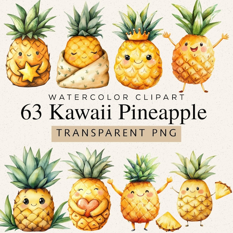 Watercolor Kawaii Pineapple Clipart Bundle, 63 Tropical Fruit Pngs ...