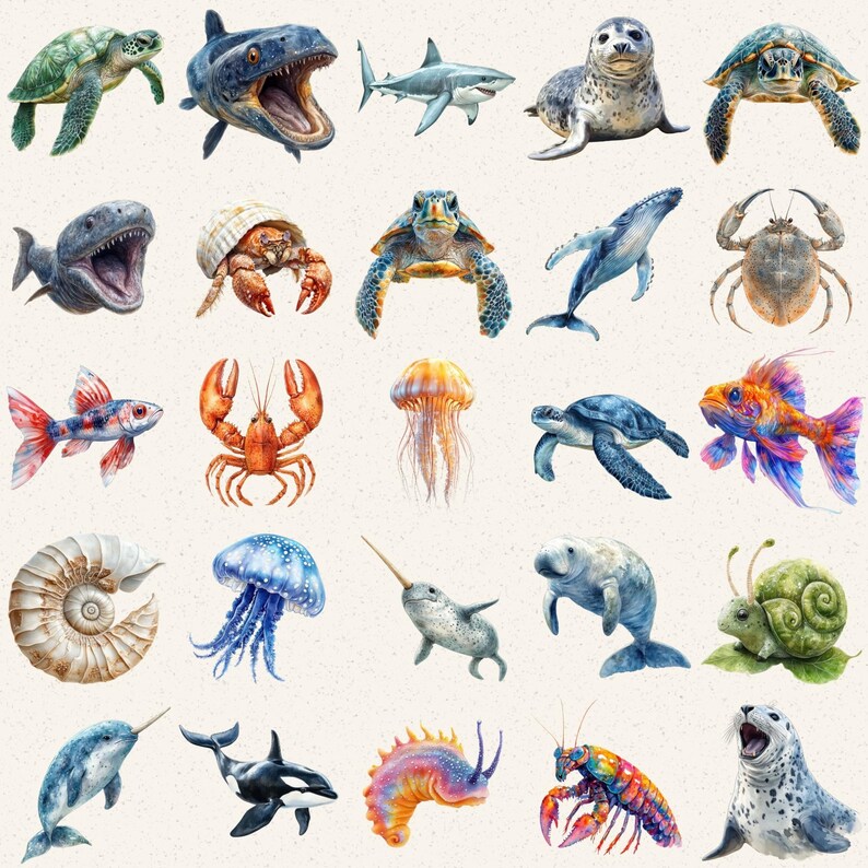 Sea Animals Watercolor Clipart, 100 PNG Images, Ocean Marine Wildlife ...