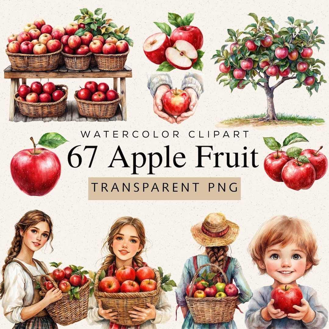 Watercolor Apple Clipart, 67 PNG Images, Red Fruit Illustration ...