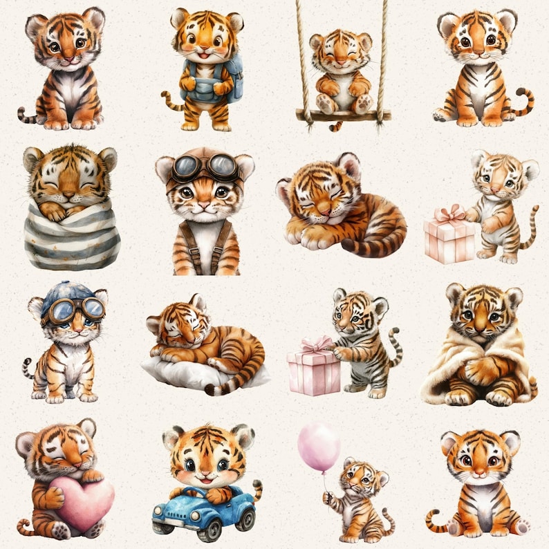 Watercolor Baby Tiger Clipart Set, Jungle Animal PNG (digital Download ...