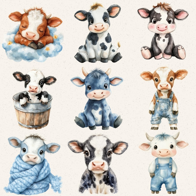 Watercolor Baby Cow Clipart, Calf Farm Animal PNG Bundle (digital ...