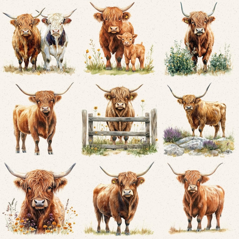 Watercolor Highland Cow Clipart, 45 PNG Images, Farm Animal ...