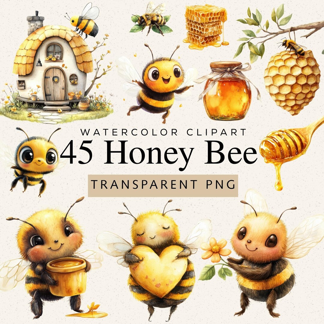 Watercolor Honey Bee Clipart, 45 PNG Images, Garden Bumblebee Hive ...