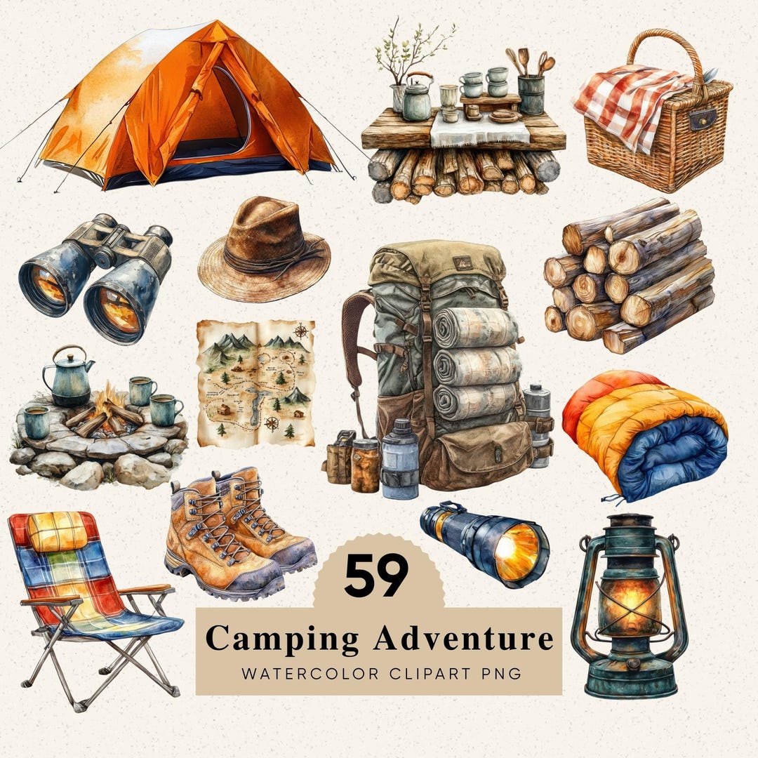 Camping Adventure Clipart, 59 Outdoor PNG Images, Watercolor Nature ...