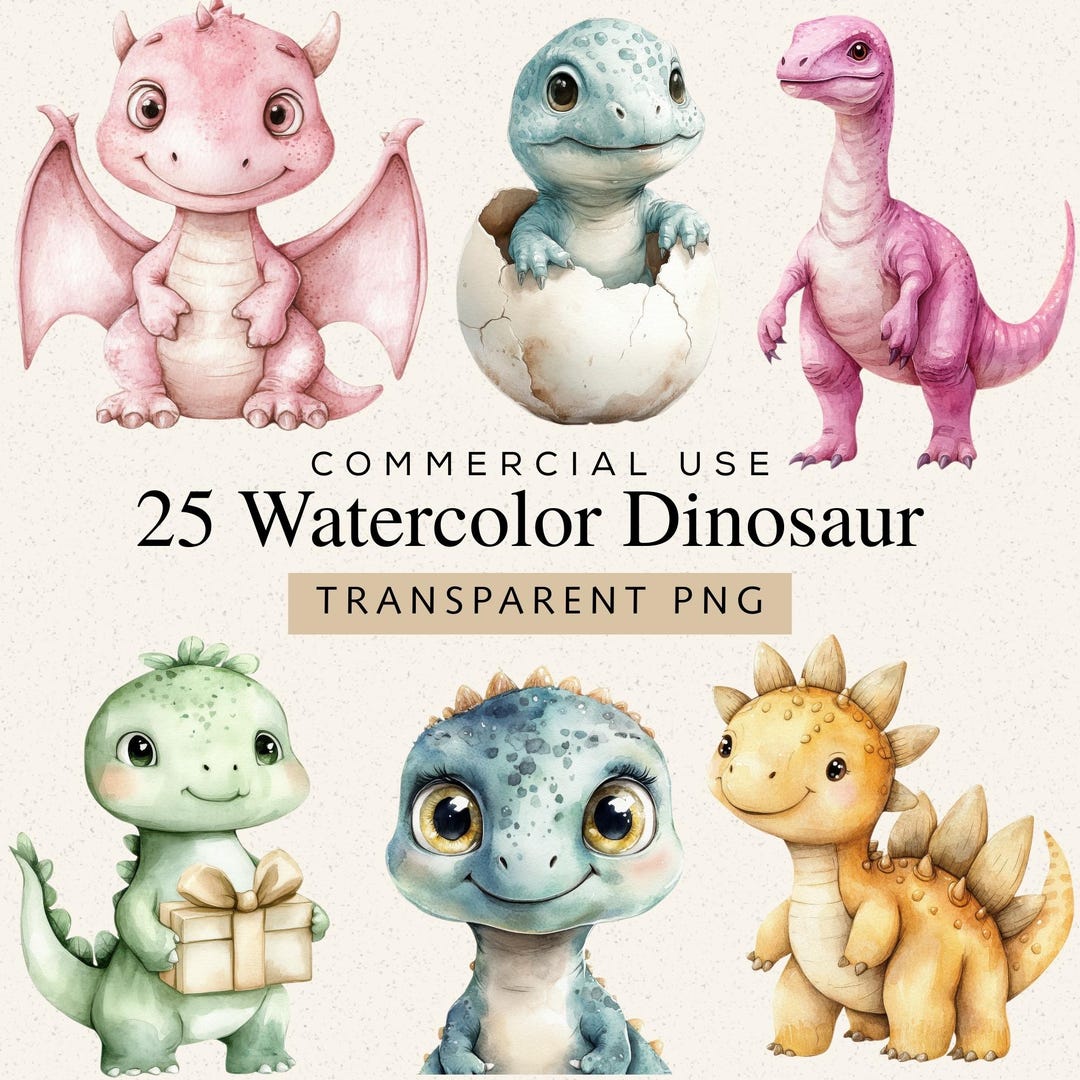 Watercolor Dinosaur Clipart, 25 PNG Images, Prehistoric Animal Art ...
