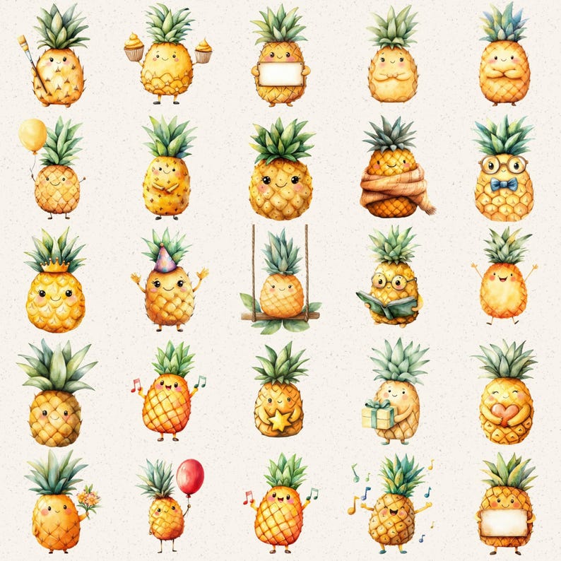 Watercolor Kawaii Pineapple Clipart Bundle, 63 Tropical Fruit Pngs ...