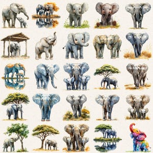 Watercolor Cute Elephant Clipart, 54 PNG Images, Nursery Forest Animal ...