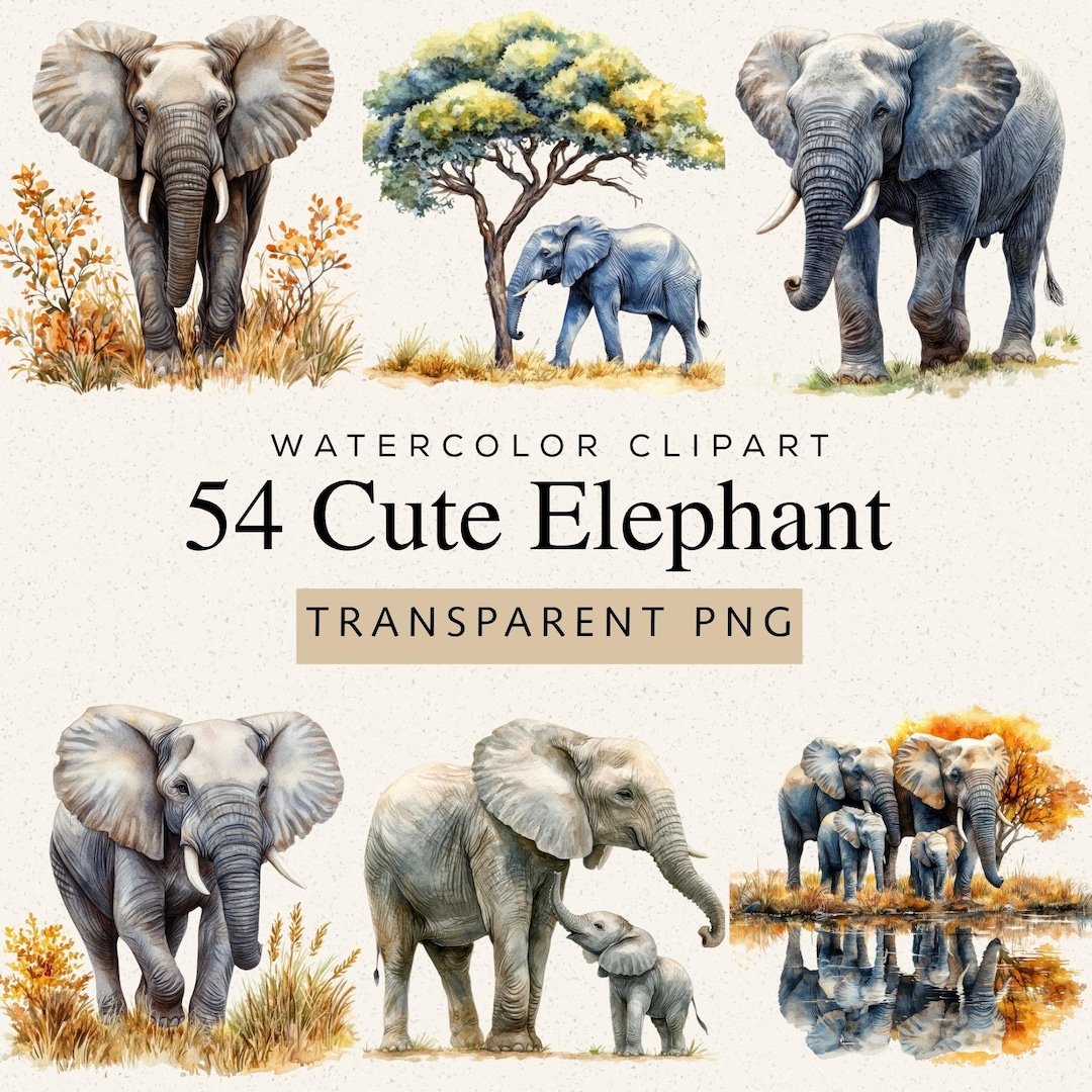 Watercolor Cute Elephant Clipart, 54 PNG Images, Nursery Forest Animal ...