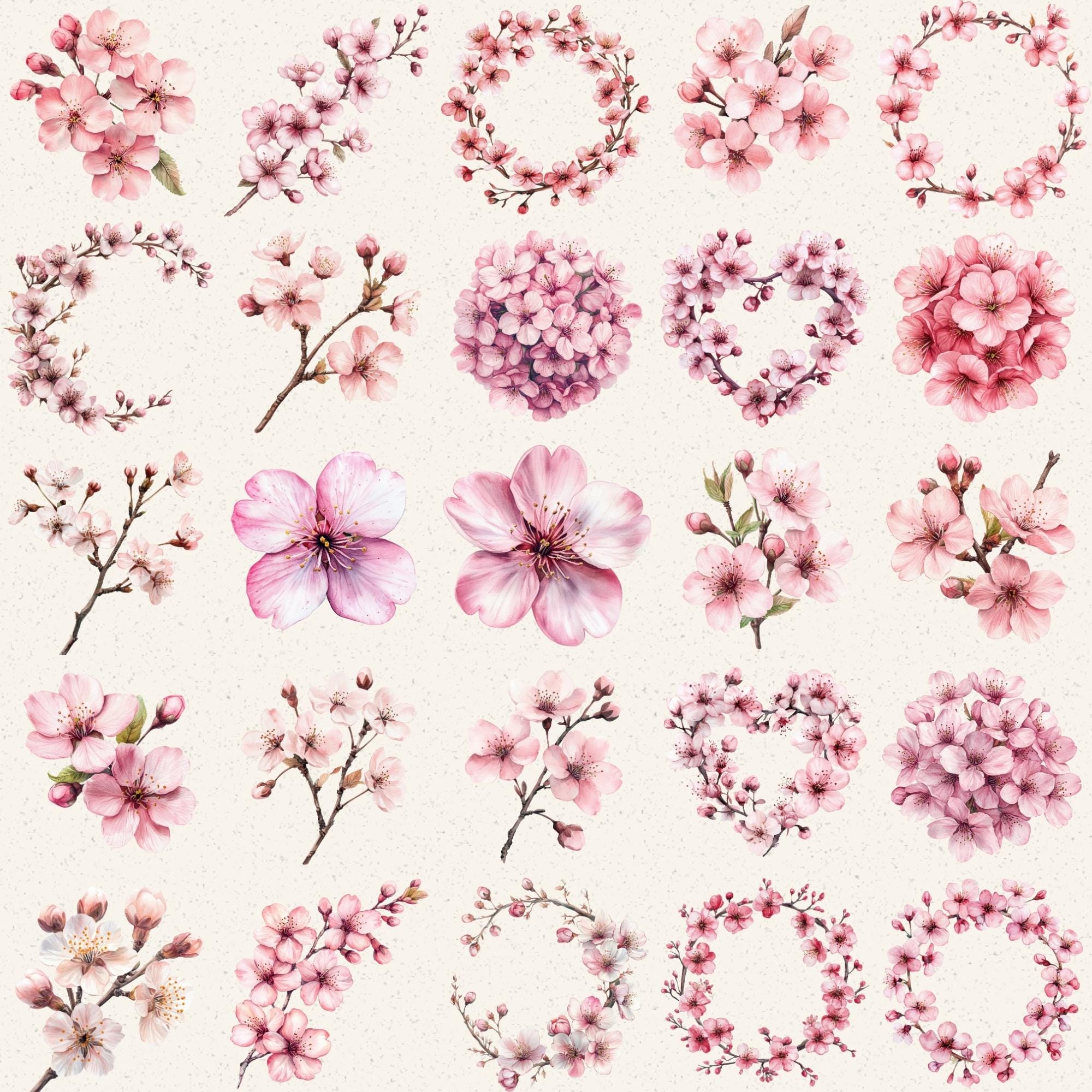 Cherry Blossom Watercolor Clipart, 40 PNG Images, Floral Spring Art ...