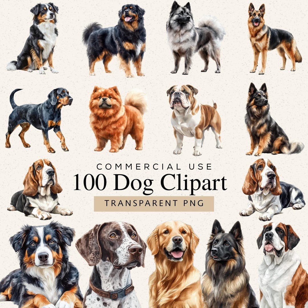 Watercolor Dog Breeds Clipart, 100 Puppy PNG Images, Nursery Art ...