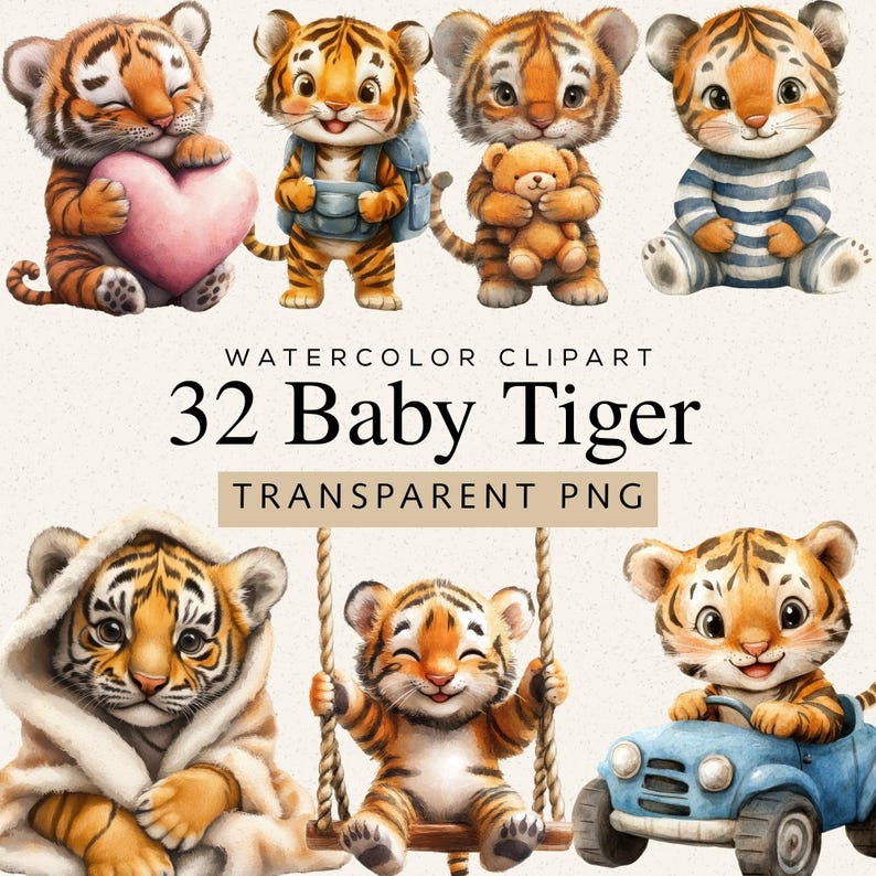 Watercolor Baby Tiger Clipart Set, Jungle Animal PNG (digital Download ...