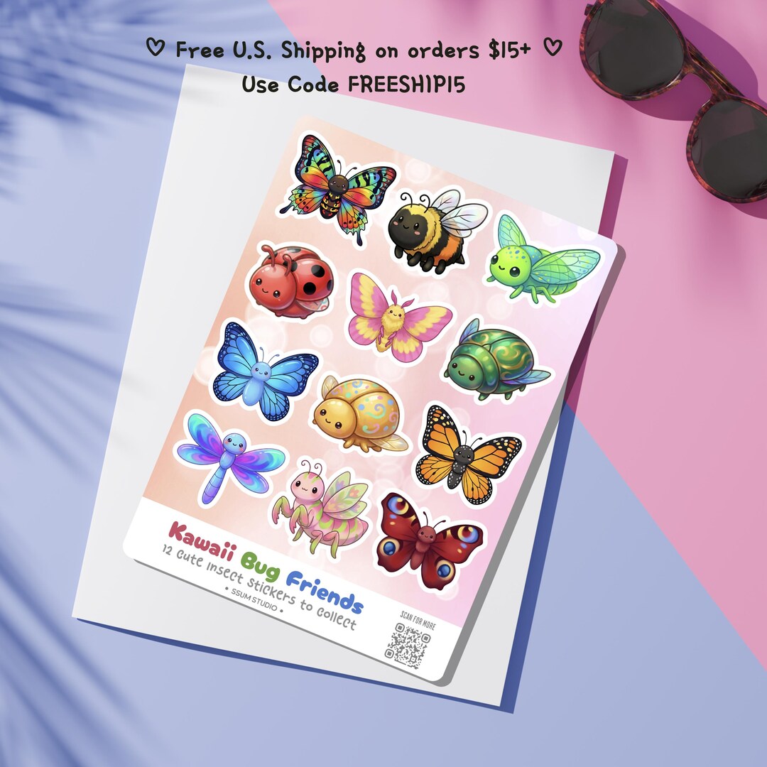 Kawaii Bug Sticker Sheet, Cute Insect Stickers, Mini or Standard Kiss ...