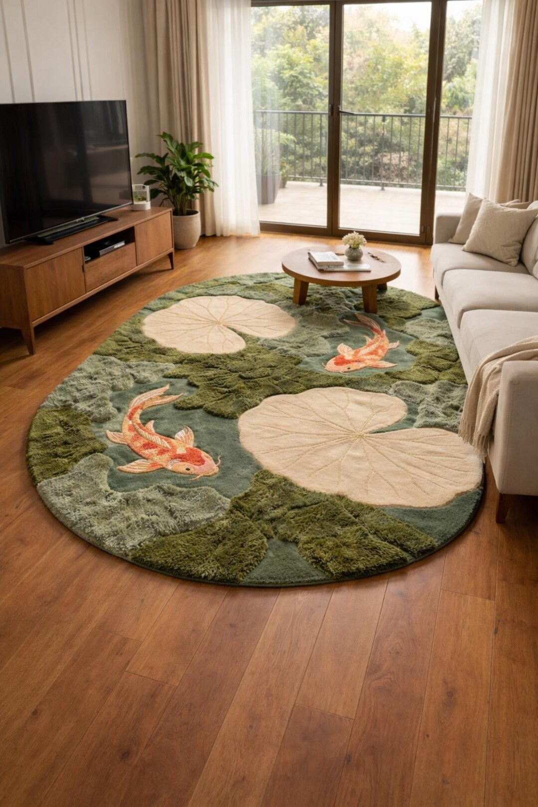 Hand Tufted Koi Fish Area Rug Oval Plush Rug With Lily Pad & Water ...