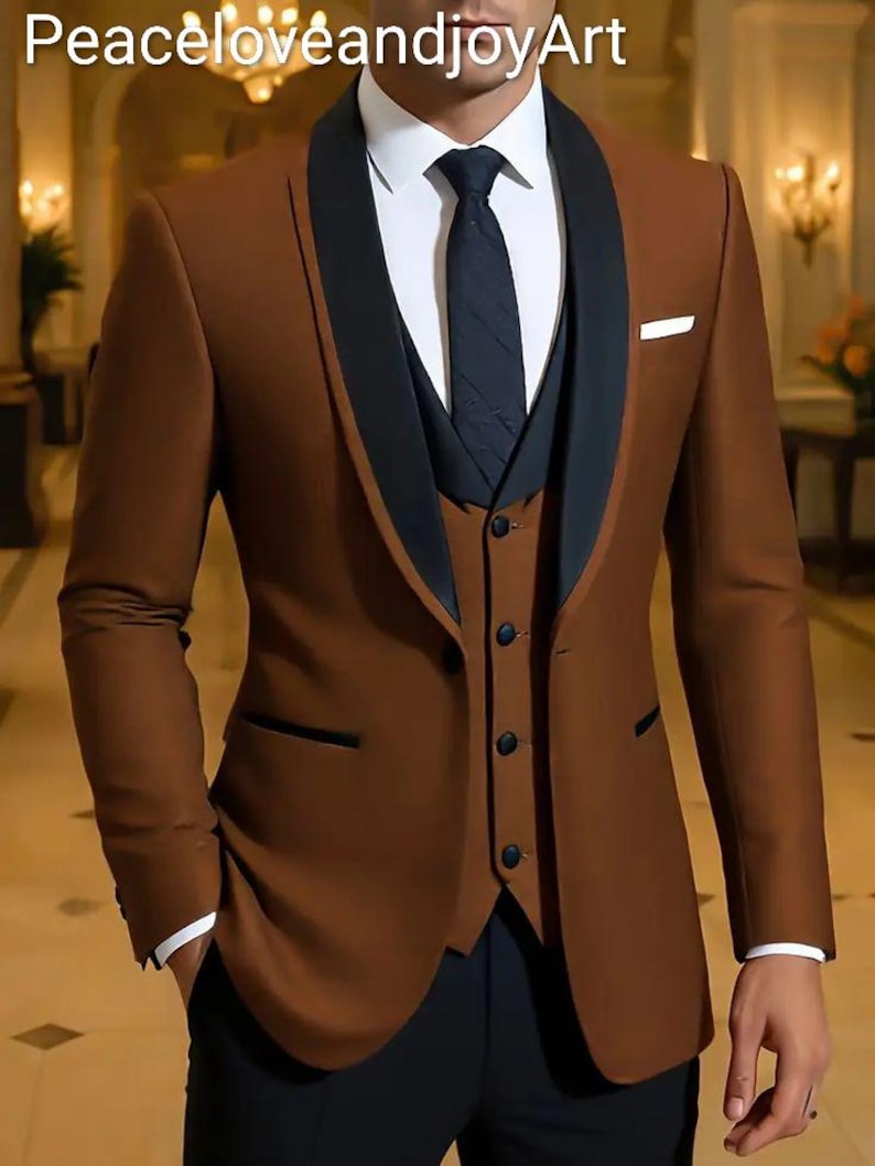 Men's Brown 3-piece Tuxedo Suit, Shawl Lapel, Custom Tailored Formal ...