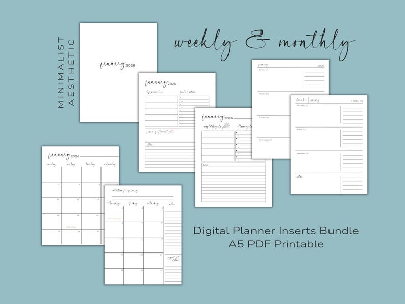 Insertions d'agenda A5 2026 | Aperçu hebdomadaire imprimable | Départ ...