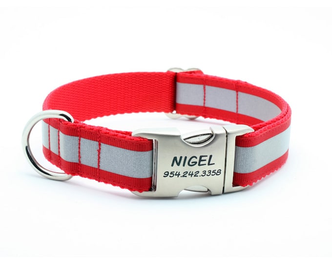 Reflective Dog Collar With Laser Engraved Personalized Buckle RED - Etsy