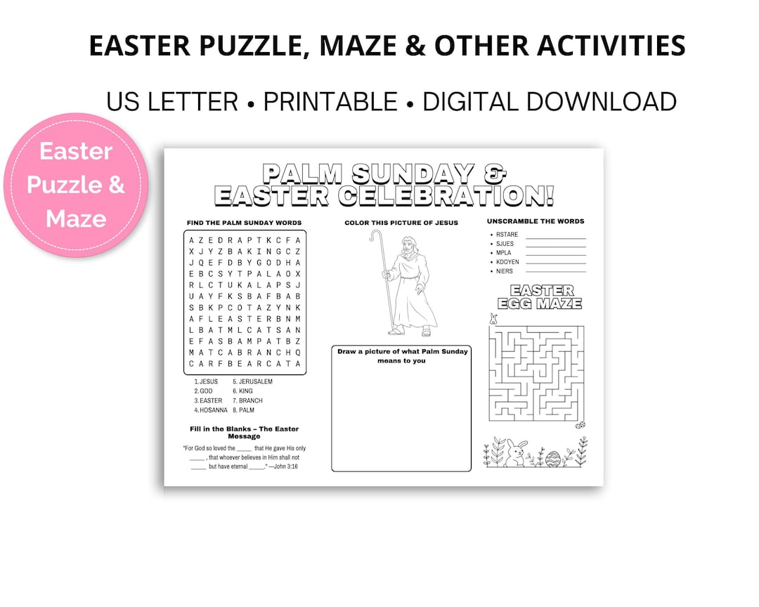 One Page Easter Sunday Puzzle, Maze, Scrambled Words, Coloring Activity ...