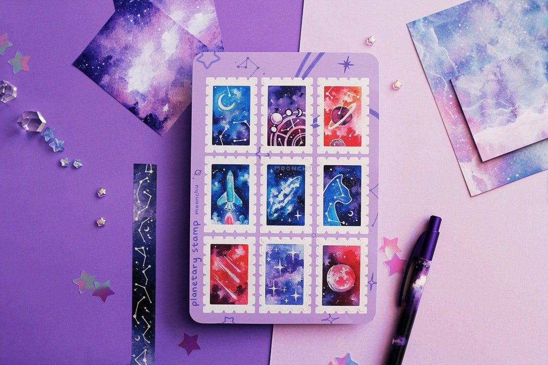Planetary Stamp Sticker Sheet | STATIONERY | Space Stamp, Moon Star ...