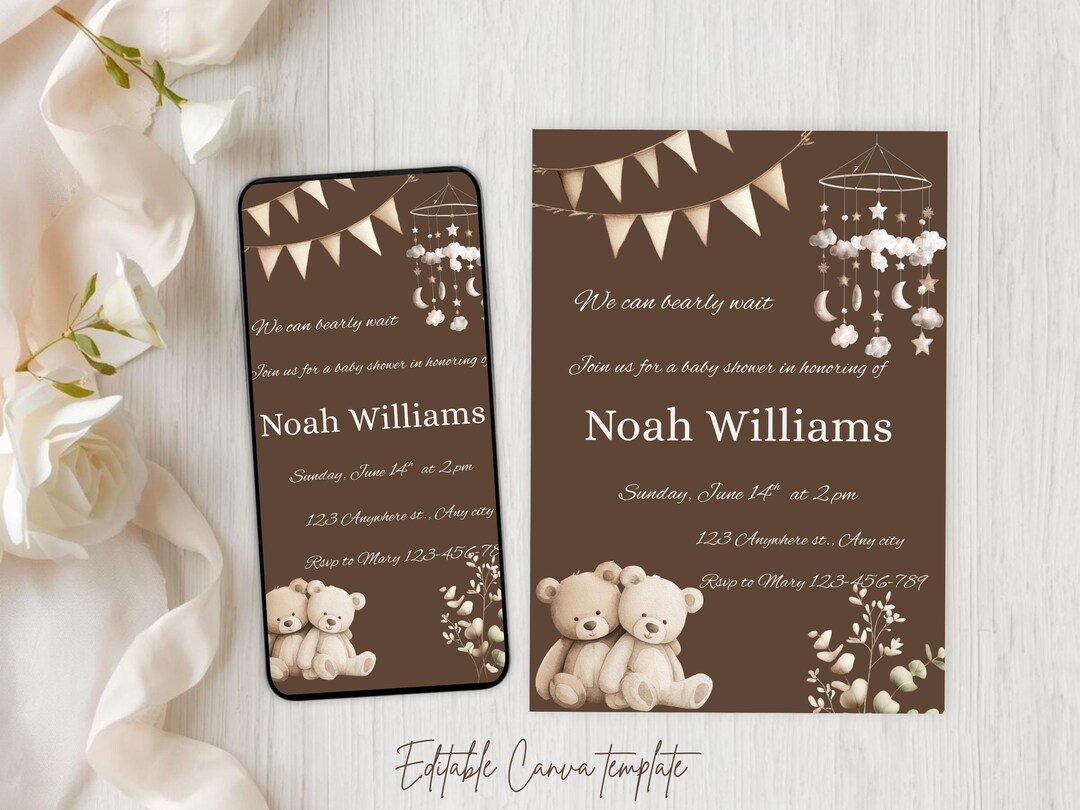 Dark Brown Beary Baby Shower Invitation, Neutral Theme, Editable Canva ...