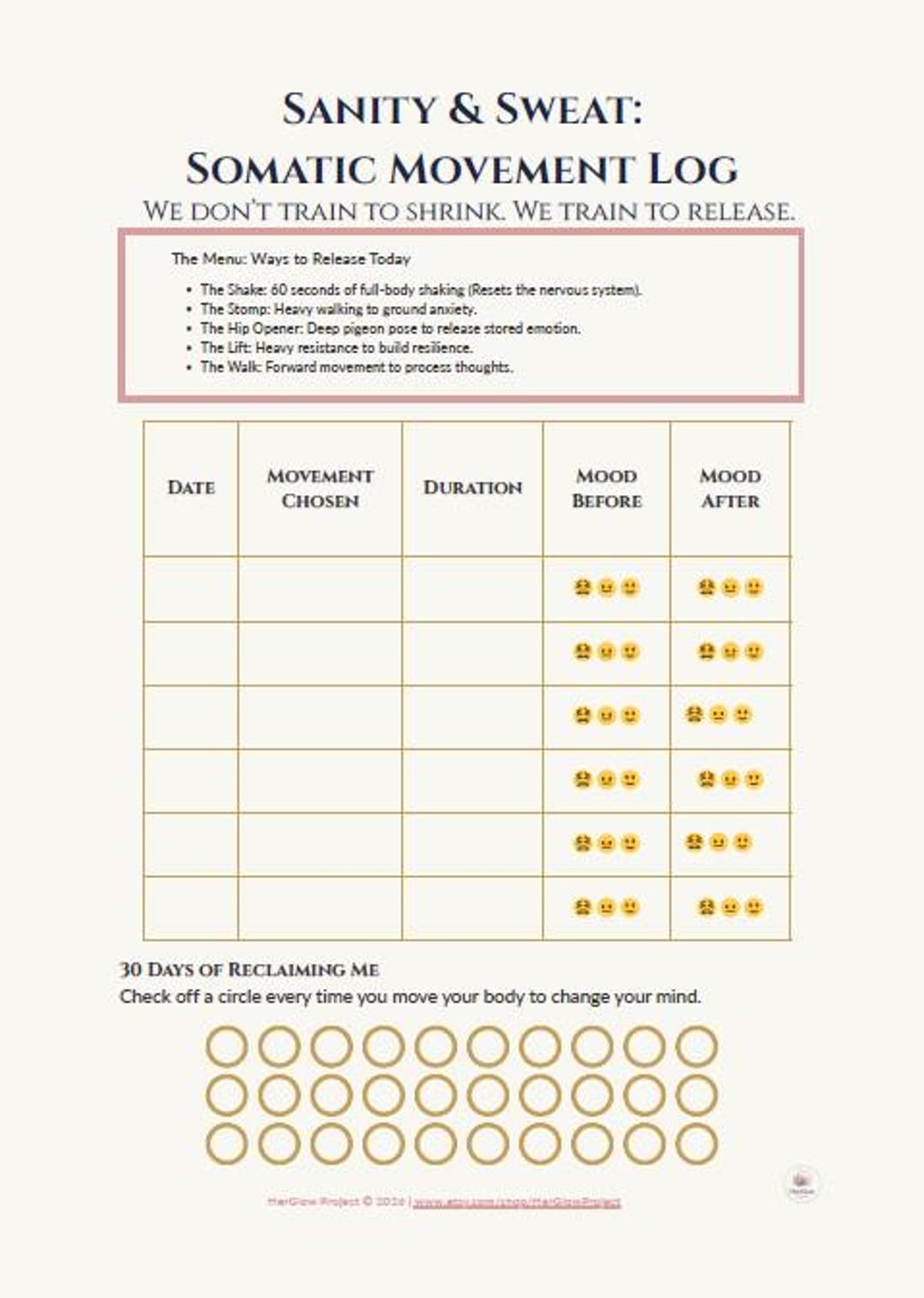 Somatic Exercise Tracker | Nervous System Regulation Log | Cortisol ...