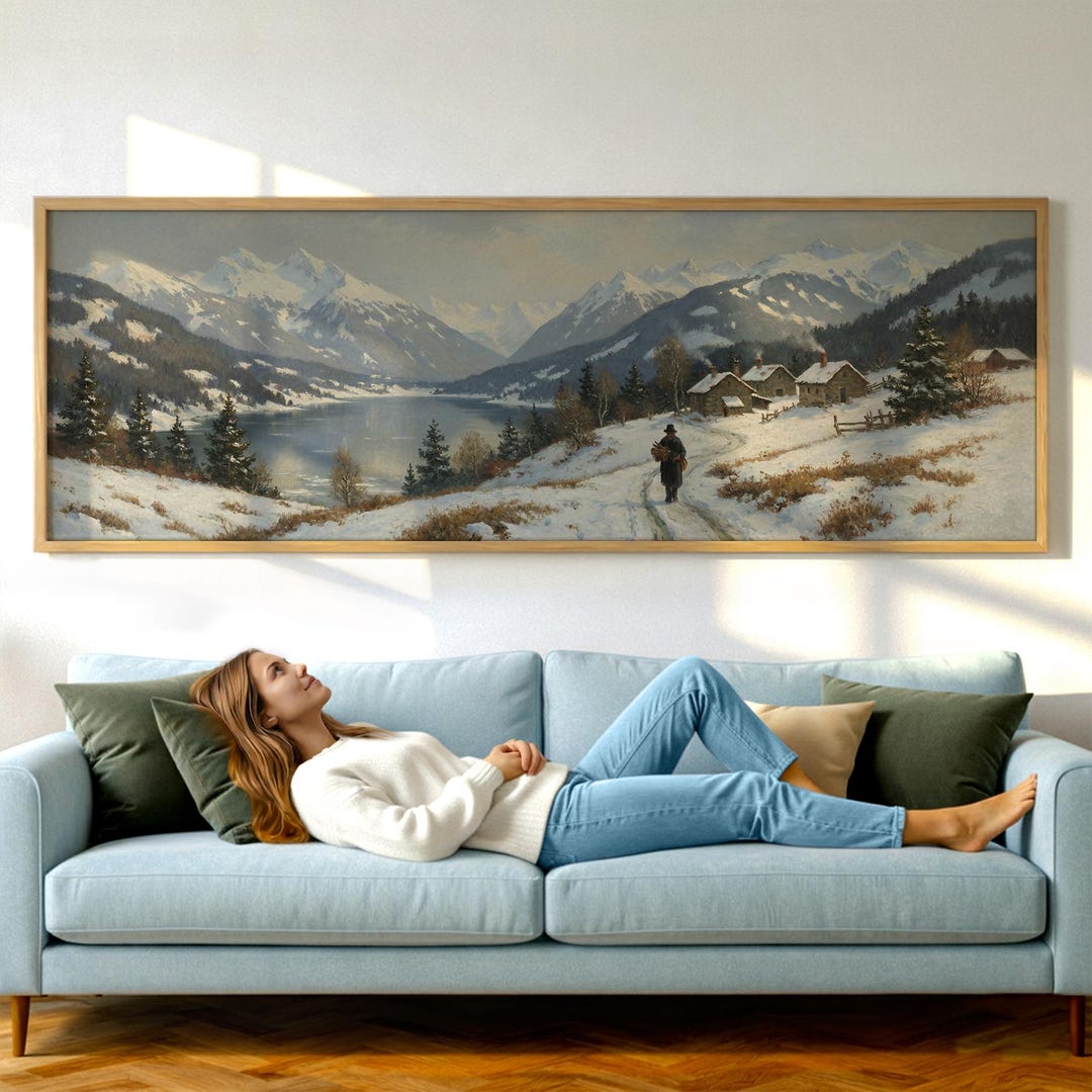 Framed Winter Village Canvas Wall Art, Snowy Mountain Lake, Panoramic ...