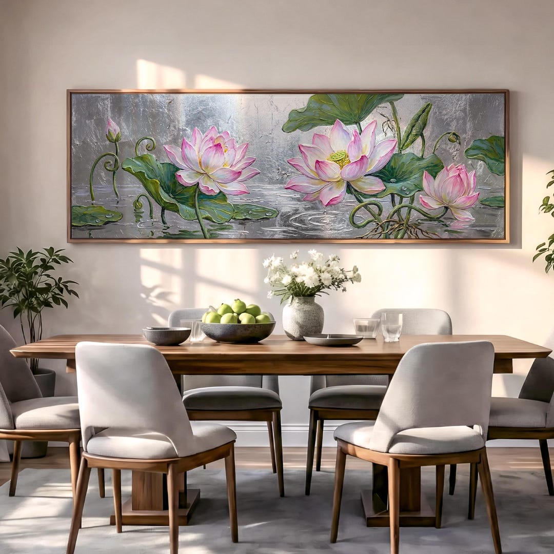 Panoramic Lotus Flower Framed Art, Silver Metallic Print, Horizontal ...
