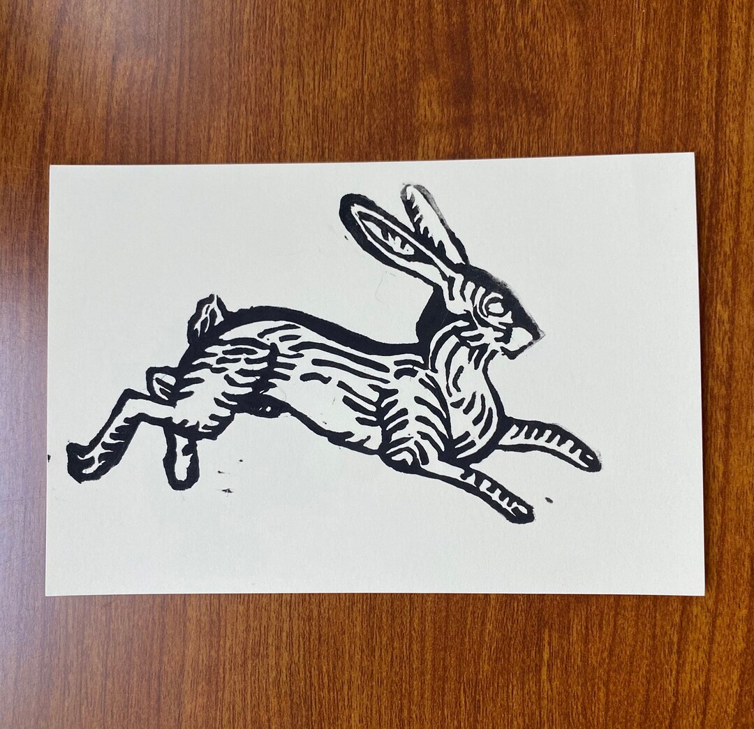 Rabbit Linocut Block Print - Etsy