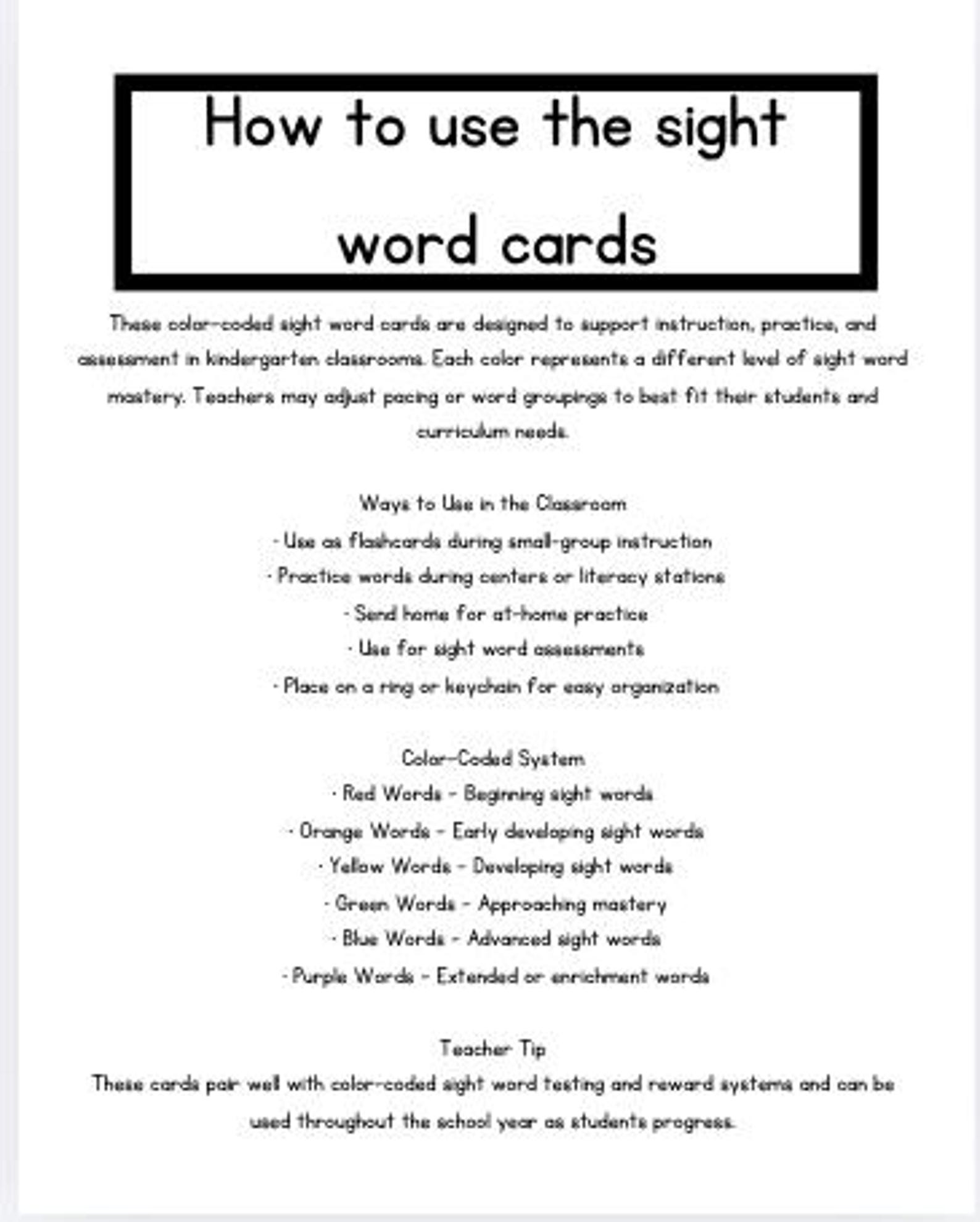 Color Coded Sight Word Cards Printable | Kindergarten Sight Words ...