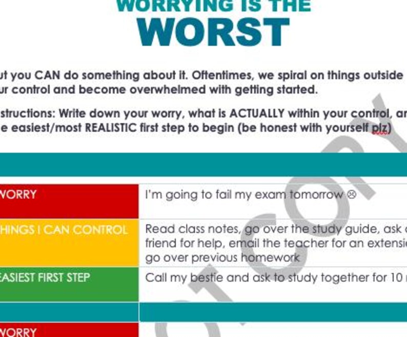 Worry is the Worst, Printable Teen Therapy Worksheet for Anxiety - Etsy