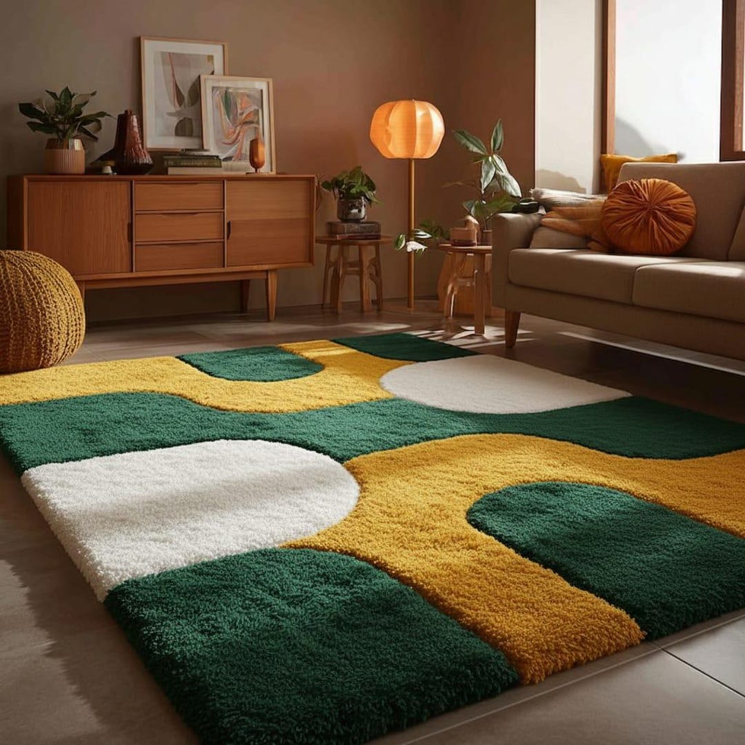 Mid Century Modern Rug Hand Tufted Wool Retro Geometric Shapes Carpet ...