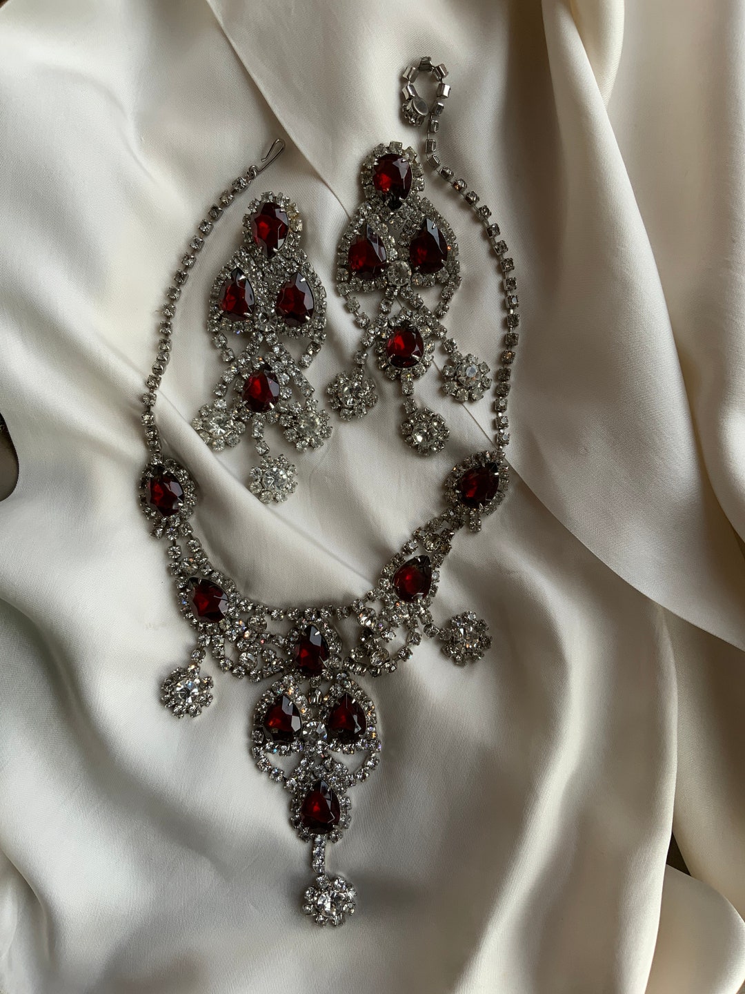 1950s Rhinestone Ruby , Necklace and Earrings by Dominique - Etsy