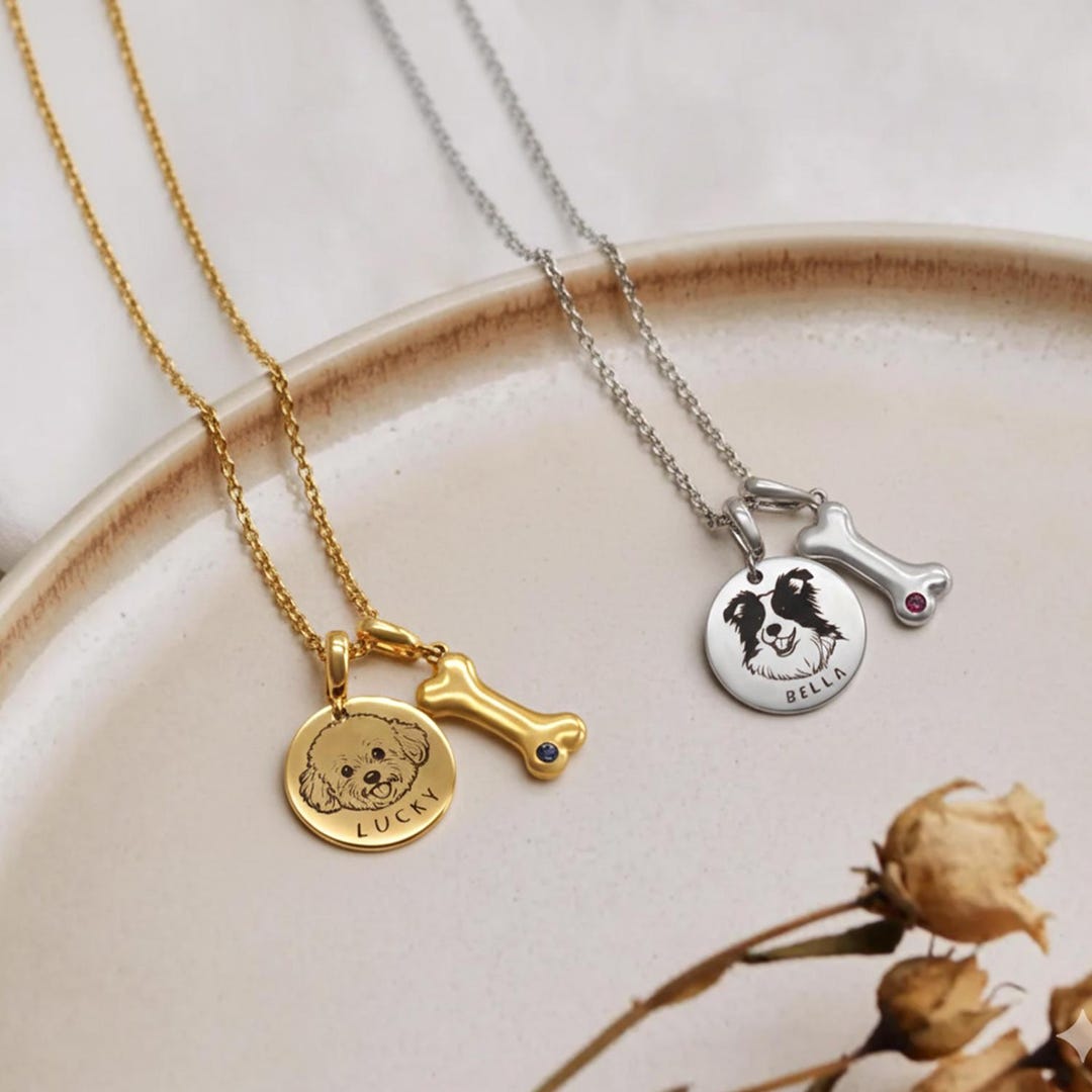 Personalized Dog Necklace, Custom Pet Pendant With Bone & Dog Tag, Gold ...