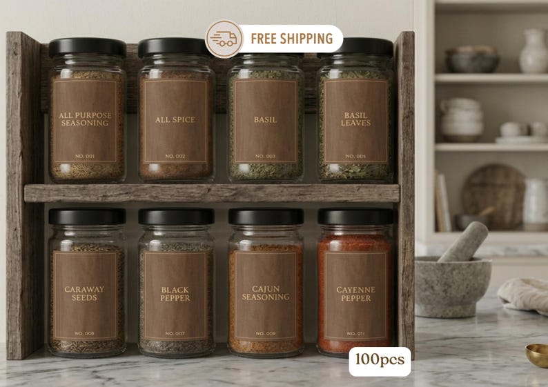Walnut Spice Jar Labels | 100pc Printed Kitchen Labels | Herb ...