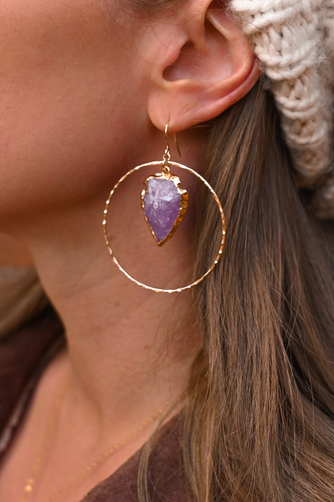 Amethyst Arrowhead Pendant Earrings - Gold Hoop Earrings - Birthstone Crystal Earrings ...