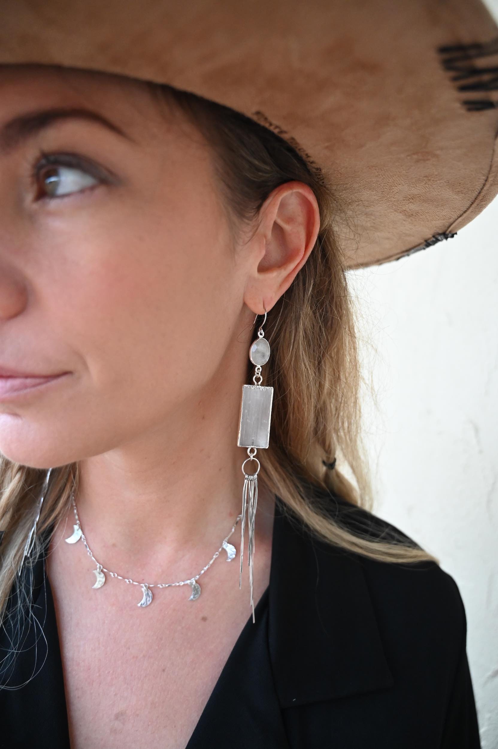 Selenite Moonstone Silver Dangle Earrings - Boho Fringe Earrings - Etsy
