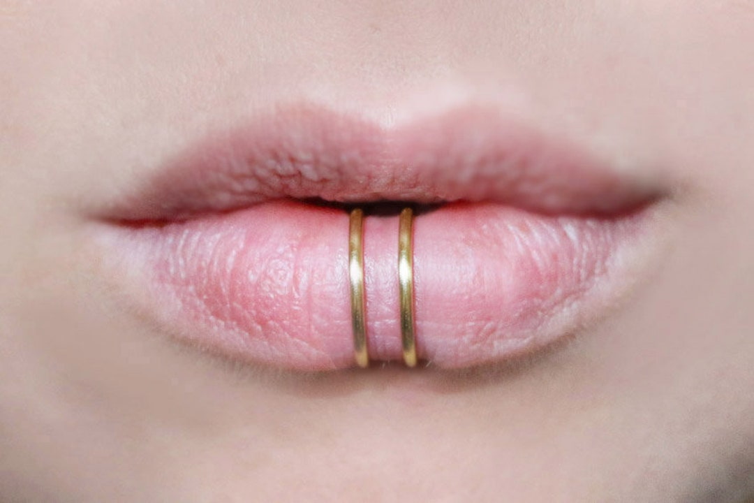 Dolphin Kiss Lip Cuff NO PIERCING Gold Fake Lip Ring, Double Lip Ring ...