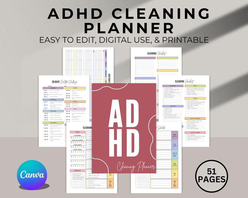 ADHD Cleaning Planner Editable in Canva | Cleaning Schedule | Chore ...