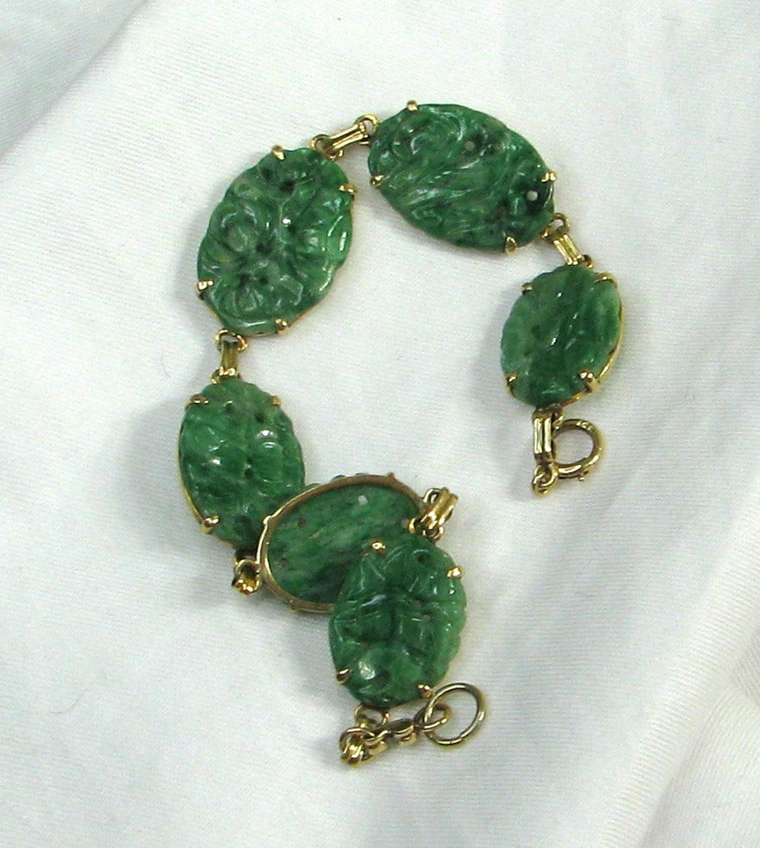 14KY Carved Jadeite Jade Link Bracelet - Etsy