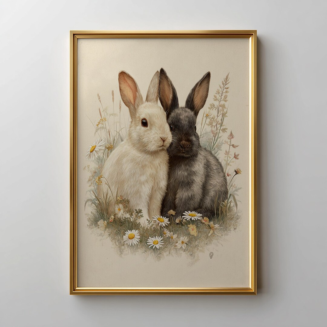 Vintage Cottagecore Rabbit Duo Print - Printable Spring Bunny Art, Cute ...