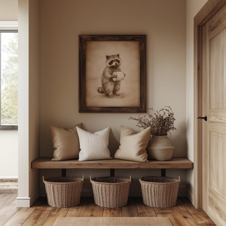 Vintage Raccoon Bathroom Printable Art - Cute Farmhouse Charcoal Sketch ...
