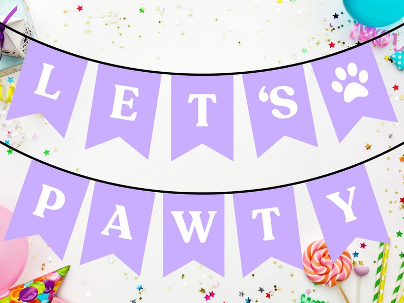 Let's Pawty Birthday Banner | Purple Dog Birthday Printable Banner ...
