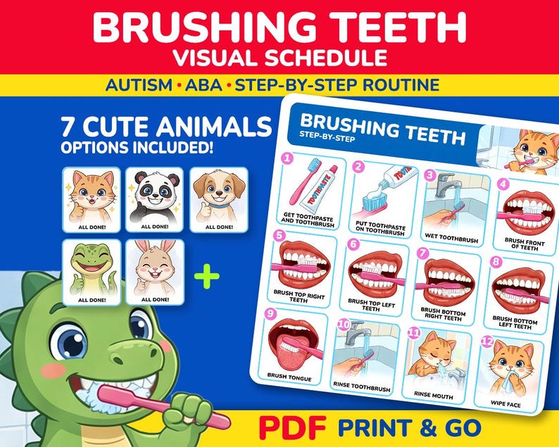 Brushing Teeth Visual Schedule, 7 Animal Options, Life Skills, Autism ...