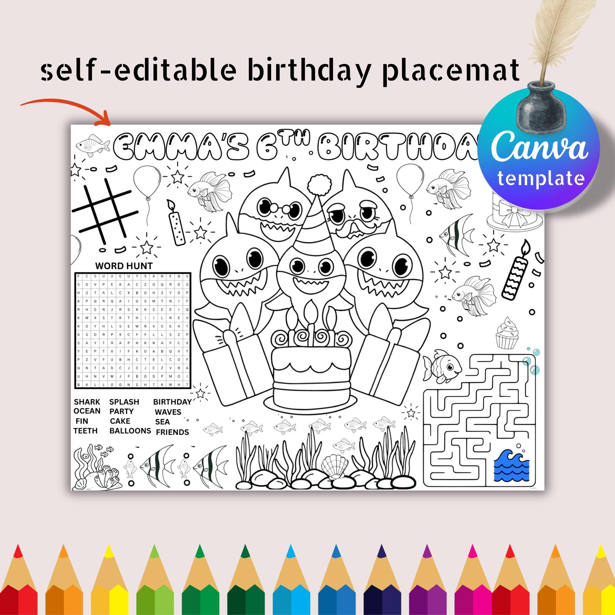 Editable Shark Birthday Activity Placemat Printable – Ocean Themed Kids ...