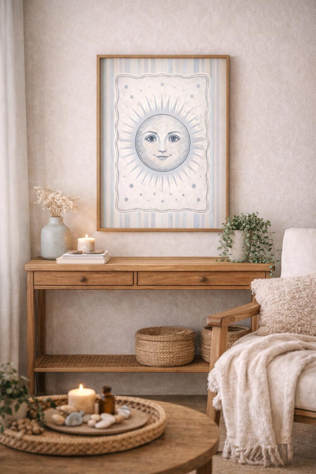Vintage Moon Wall Art, Blue Celestial Print, Astrology Moon Face Poster ...