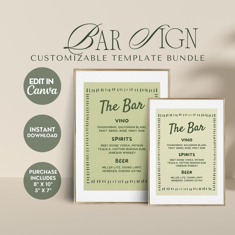 Illustrated Bar Menu Sign, Customizable Drinks and Signature Drinks ...