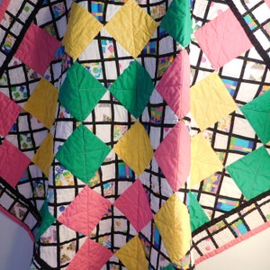 Colorful Pink, Green and Yellow, Patchwork Quilt 50" X 50" Machine ...